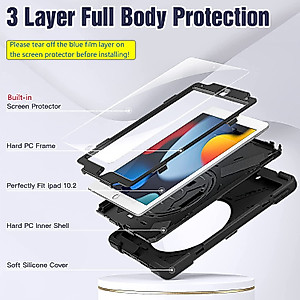 TSQ Case for iPad Case 9th/8th/7th Generation with Screen Protector for Kids | Military Grade Shockproof Protective with Stand Hand Shoulder Strap Cover for iPad 9th 8th 7th Gen 10.2 Inch| Black