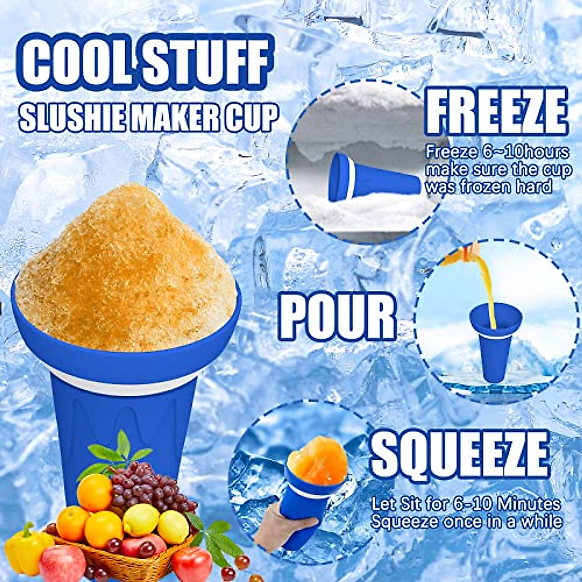 LATIBELL Slushie Maker Cup - Slushie Cup maker Squeeze Cool Stuff Double Layer Silicone Slush Cup 16.9 Ounce Summer Cooling Cup with Straw and Spoon Blue