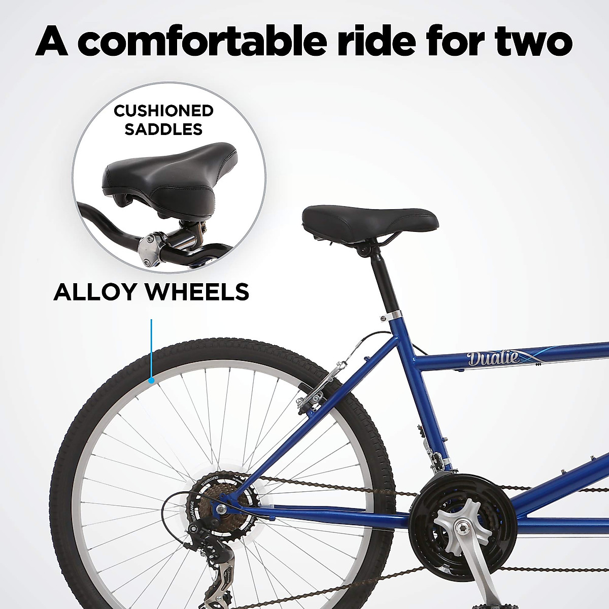 Pacific Dualie Adult Tandem Cruiser Bike, Two-Rider Bicycle for Men and Women, 26-Inch Wheels, 21-Speed, Linear Pull Brakes, Blue