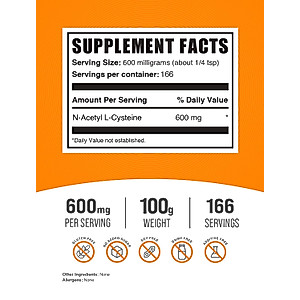 BulkSupplements.com NAC Powder - N-Acetyl Cysteine 600mg, NAC Supplement - Antioxidant Support, Gluten Free - 600mg per Serving, 166 Servings, 100g (3.5 oz) (Pack of 1)