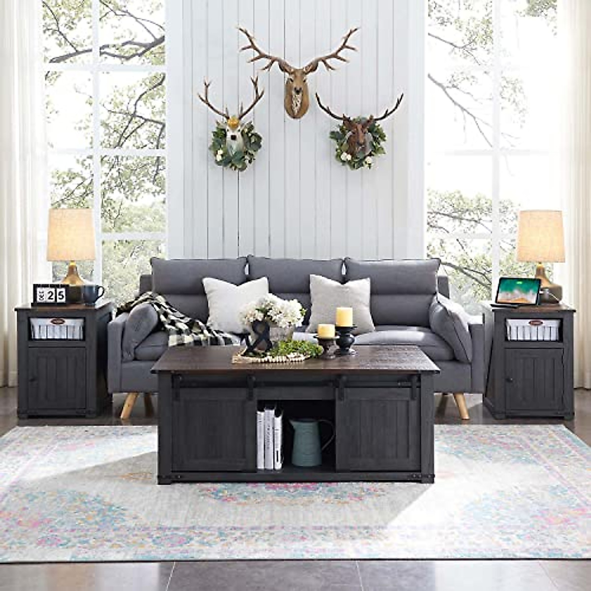 SinCiDo Nightstand with Charging Station, 20" Farmhouse End Table w/Groove Barn Door, Rustic Wood Sofa Side Bedside Table w/Open & Adjustable Shlef for Bedroom, Living Room, Dark Grey