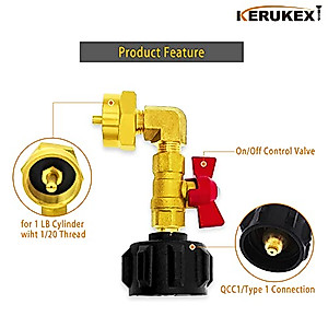 KERUKEXI Propane Refill Elbow Adapter with On/Off Control Valve 90 Degrees Fitting Adapter Coupler From QCC1 Type1 Connection to 1 LB Tank Cylinder for RV Camper BBQ Gas Grill