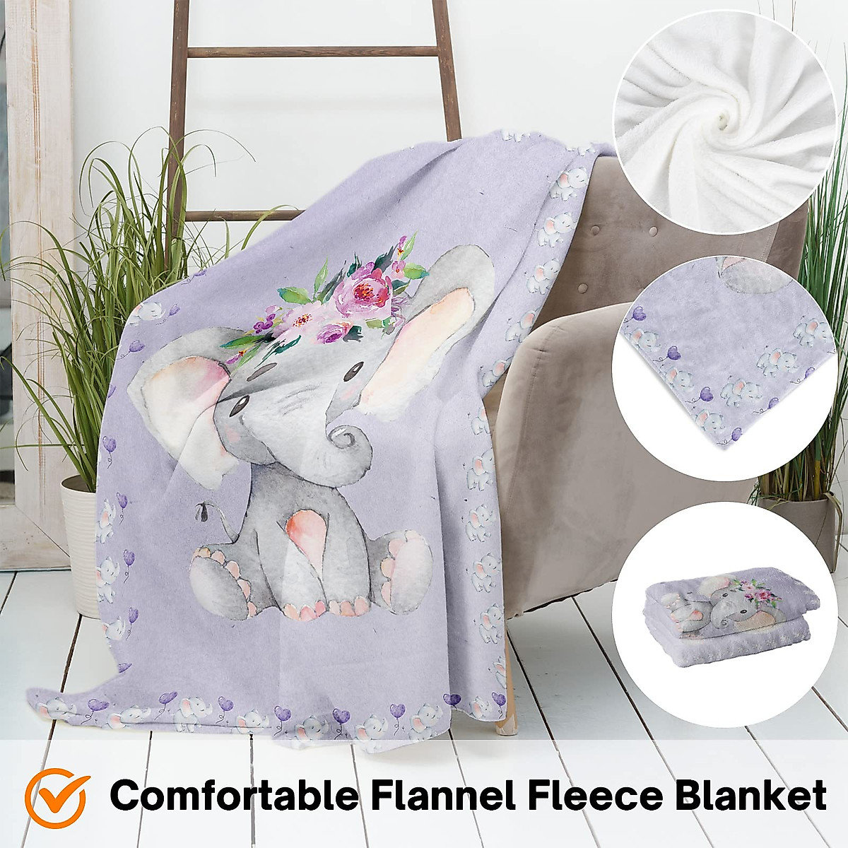 Elephant Blanket for Kids Purple Elephant Throw Blankets for Baby Girls Toddler Flannel Fleece Blankets Lightweight Fuzzy Soft Blanket Couch Sofa Bed Nursery New Born Birthday Gifts, 40''x50''