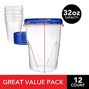 Stock Your Home 32oz Plastic Containers with Twist Top Lids (12 Pack), Quart Freezer Containers with Lids for Leftover Food, Airtight Reusable Soup Containers with Lids, Microwave and Dishwasher Safe