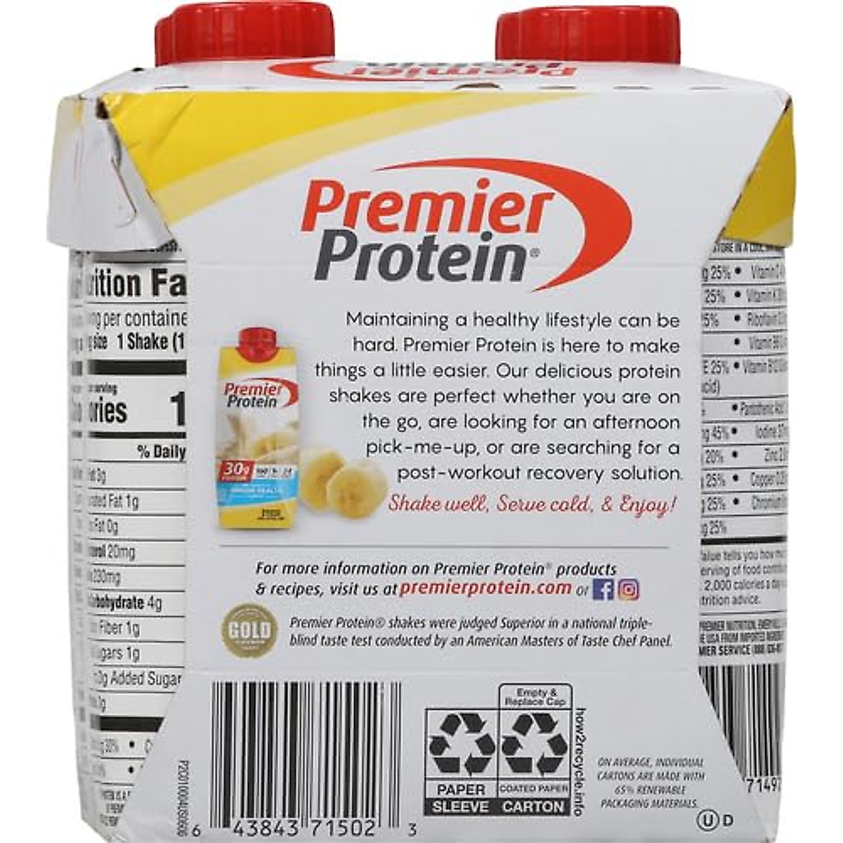 Premier Protein, 30g Shakes Bananas and Cream, 44 Fl Oz, Pack of 4