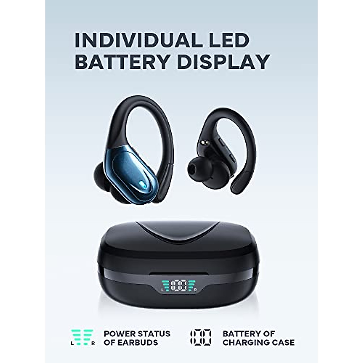 BEARTAIN Wireless Earbuds with Earhooks, 75hrs Battery Life Running Headphones Bluetooth 5.1 with LED Display, IPX7 Waterproof Wireless Earphones with Charging case for Sport, Running