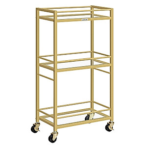 MAHANCRIS Bar Cart for The Home, Home Bar Serving Cart, Gold Bar Cart with 3-Tier Glass Shelf, Wine Holders, Glass Holder, Mini Bar Cart for Small Space, Kitchen, Dining Room, Gold RCJ40B01