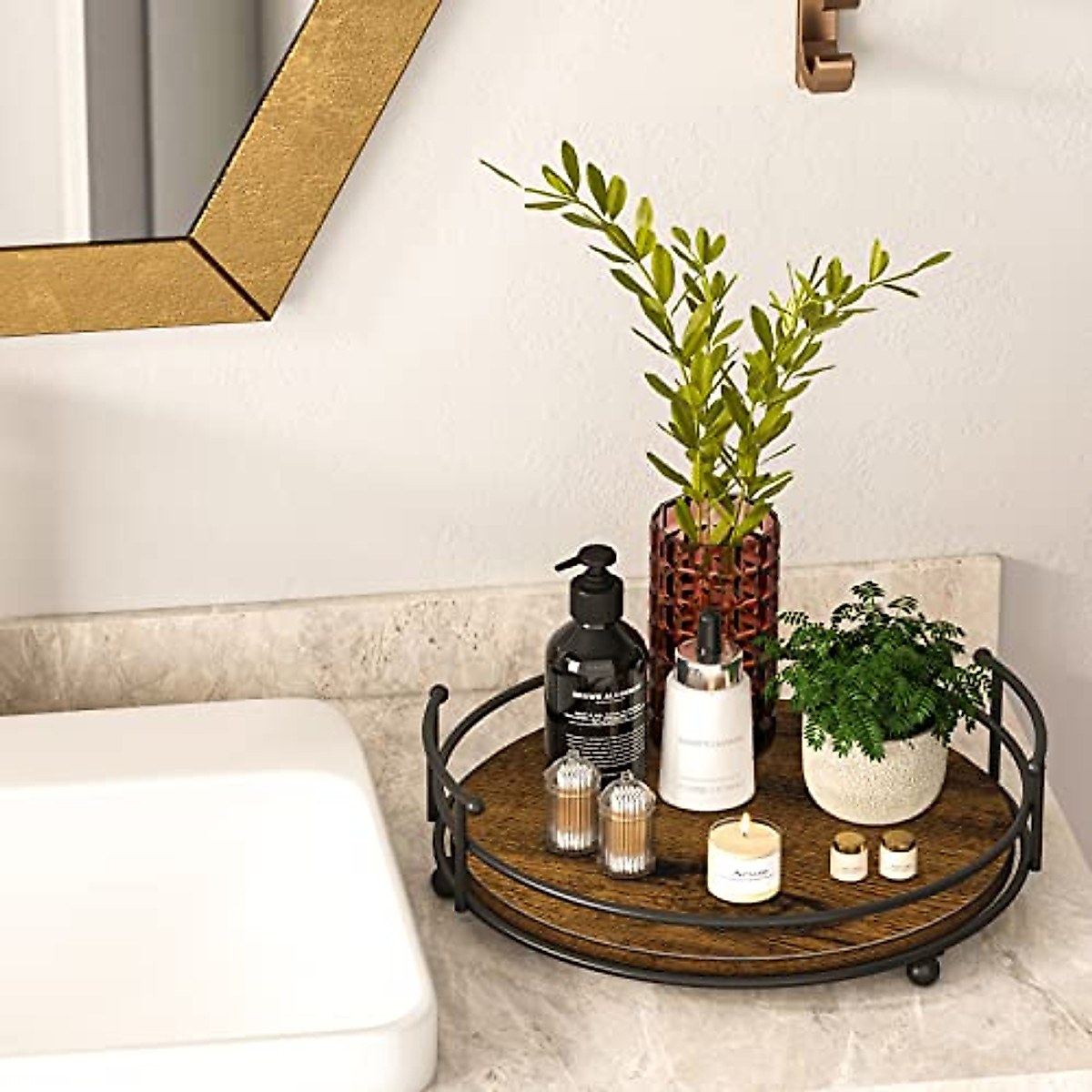 Honiter Wooden Serving Tray, Decorative Tray for for Coffee Table Centerpieces, Coffee Table Tray, Wood and Metal Serving Tray with Handles, Round Tray, Farmhouse Ottoman Tray for Kitchen Countertop