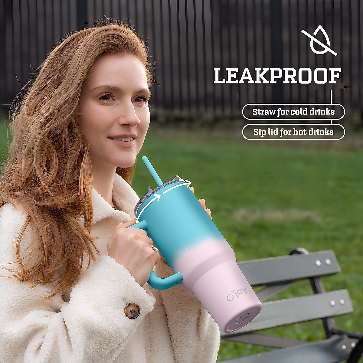 O'JAY 40oz Stainless Steel Insulated Travel Mug - Leak-Proof Straw Lid, Cupholder Friendly, Dreamy Green-Pink