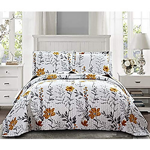 Bedspread Coverlet Set King Size Floral Quilts Set Bedding Lightweight Floral Quilt Collection Home Reversible Quilt Bedspread Sping Leaves Yellow Flower Quilt Bedding Garden Bedspread+2 Pillow Shams