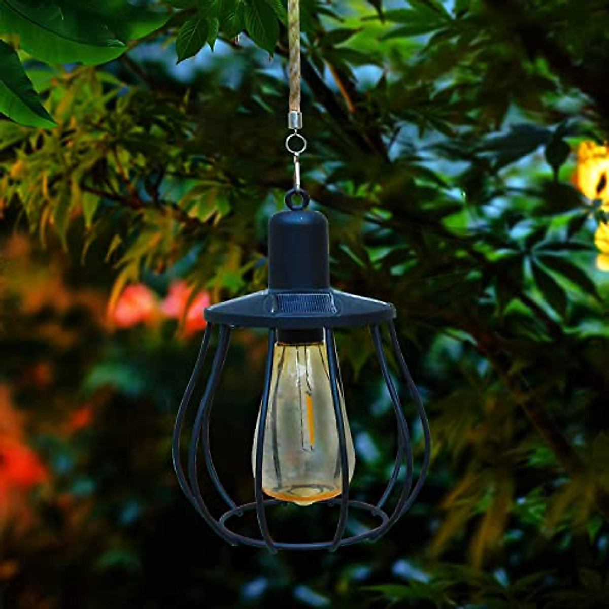 Hanging Solar Lights Outdoor - Hemp Rope Solar Powered Lantern Waterproof Retro Lanterns Lamps with Warm Light Edison Bulb for Patio,Yard,Garden and Pathway Decoration(Semicircle), Warm White