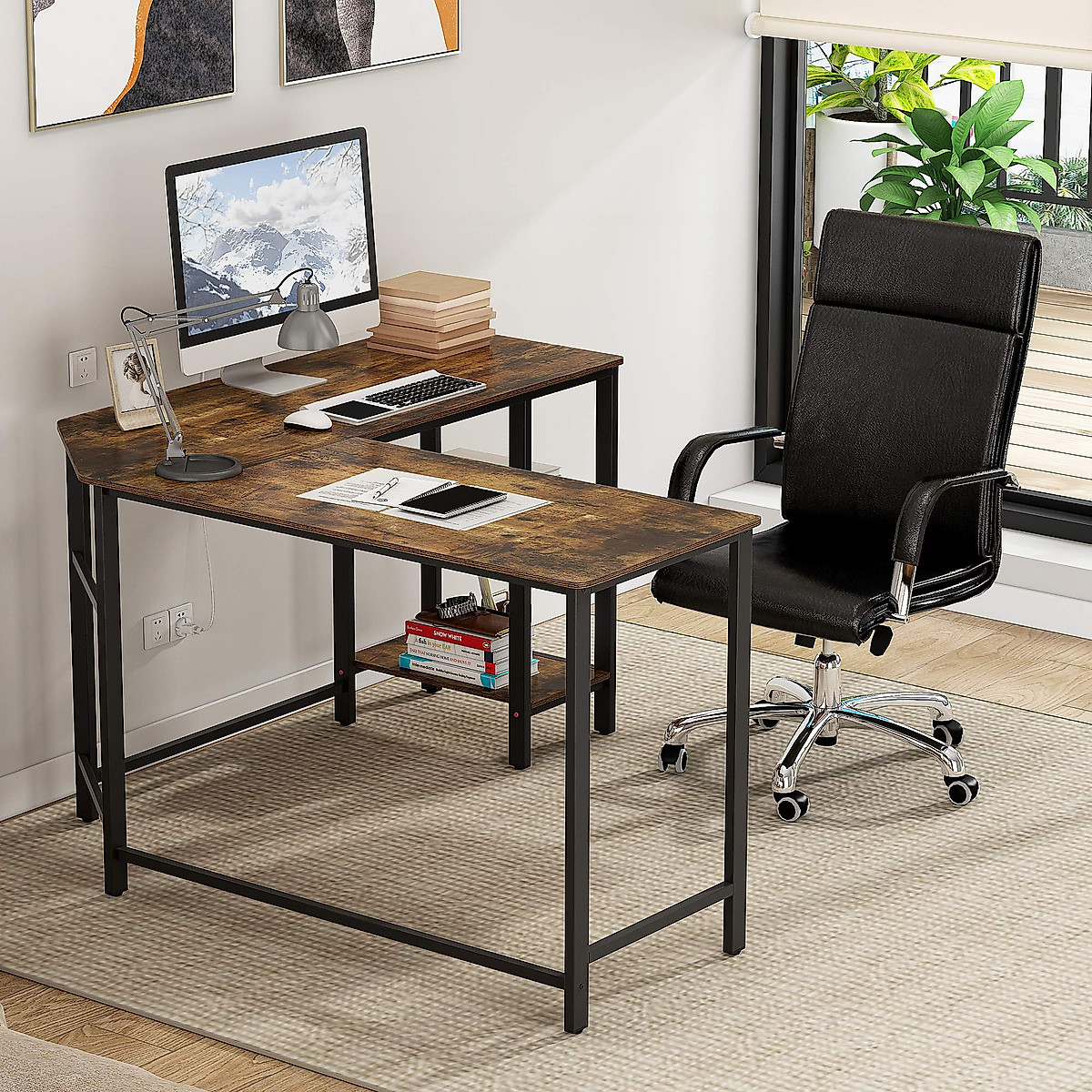 Function Home 54 Inch L-Shaped Computer Desk, Corner Desk with Reversible Storage Shelves, PC Work Desk Workstation for Home, Office