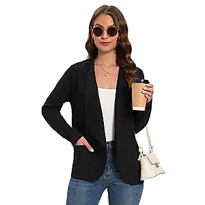 Women Knit Blazer Open Front Blazer Sweater Lapel Cardigan Long Sleeve Blazer Jackets with Pockets Black S