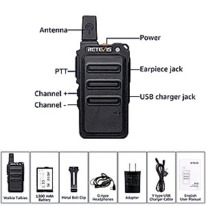 Retevis RT19 Ultra-Slim Two Way Radios,Portable FRS Walkie Talkies Adults with Earpiece,Rechargeable 1300mAh Battery,Metal Clip,for School Security Retail Healthcare(10 Pack)