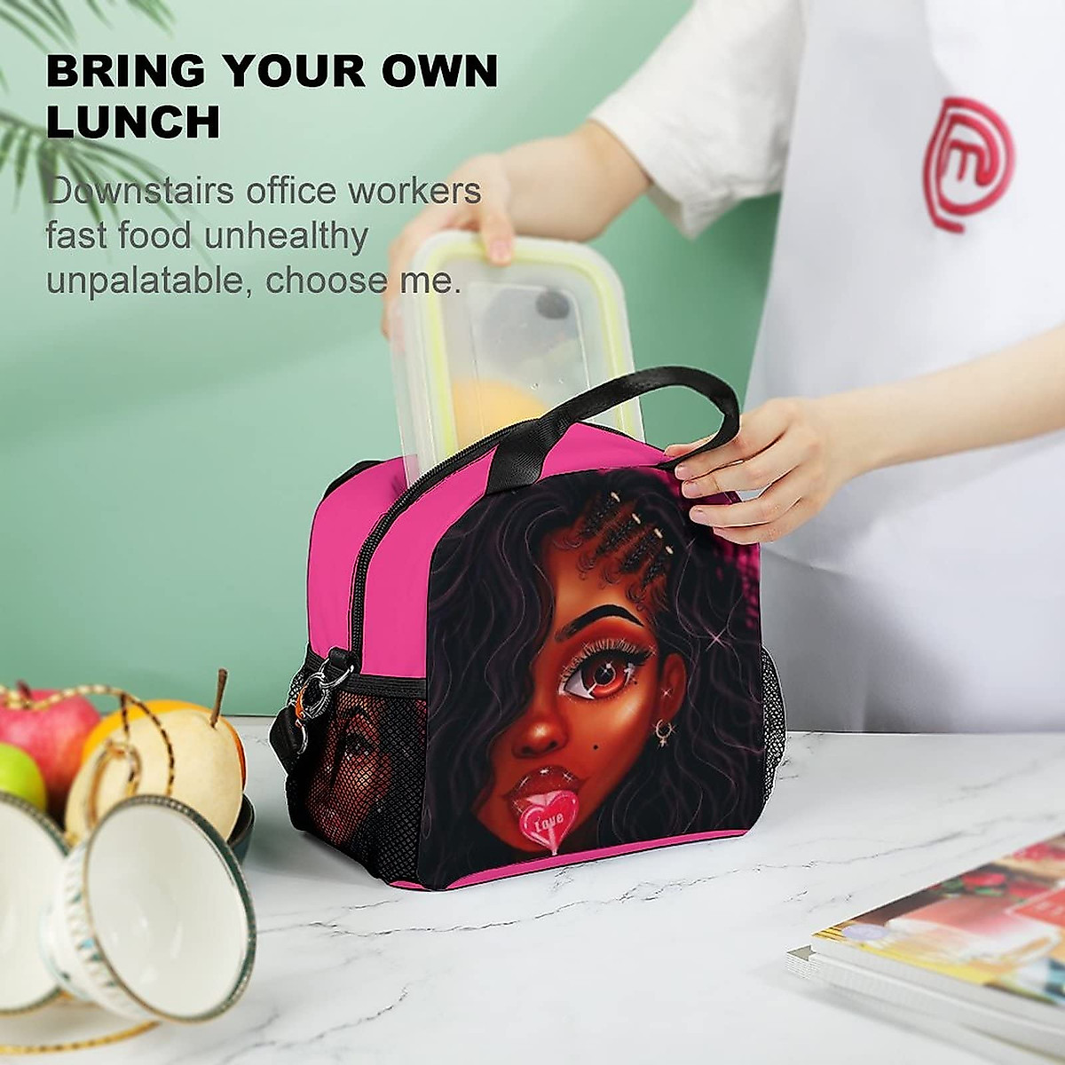 Pocxoep Black Girl Lunch Box for Kids Black Girl Insulated Lunch Bag with Shoulder Strap for Boys Girls Large Capacity Reusable African Lunch Boxes for School Work Picnic