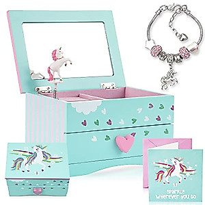 Amitié Lane Unicorn Musical Jewelry Box for Girls - Unicorns Gifts For Girls - Music Box For 5 Year Old Birthday Gifts or Ages 6, 7, 8, Kids Jewelry Box, Unicorn Bedroom Decor For Little Girl (Mint)