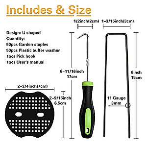 Bakulyor 50pcs Black Landscape Staples + 50pcs Buffer Washer, 6 Inch 11 Gauge Garden Stakes Staples, U Shaped Galvanized Lawn Pins Heavy Duty Yard Ground Pin for Weed Barrier Sod Fabric Decorations
