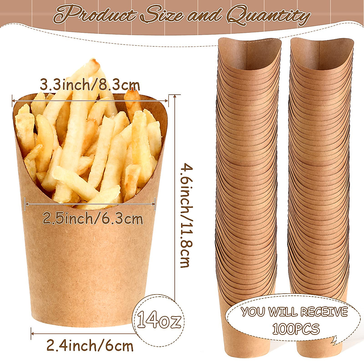 Disposable French Fries Holder 14 oz Take out Party Baking Supplies Waffle Paper Popcorn Sandwich Ice Cream Holder Cup Kraft Paper Container for Wedding Party Food Cones (Brown,100 Pieces)