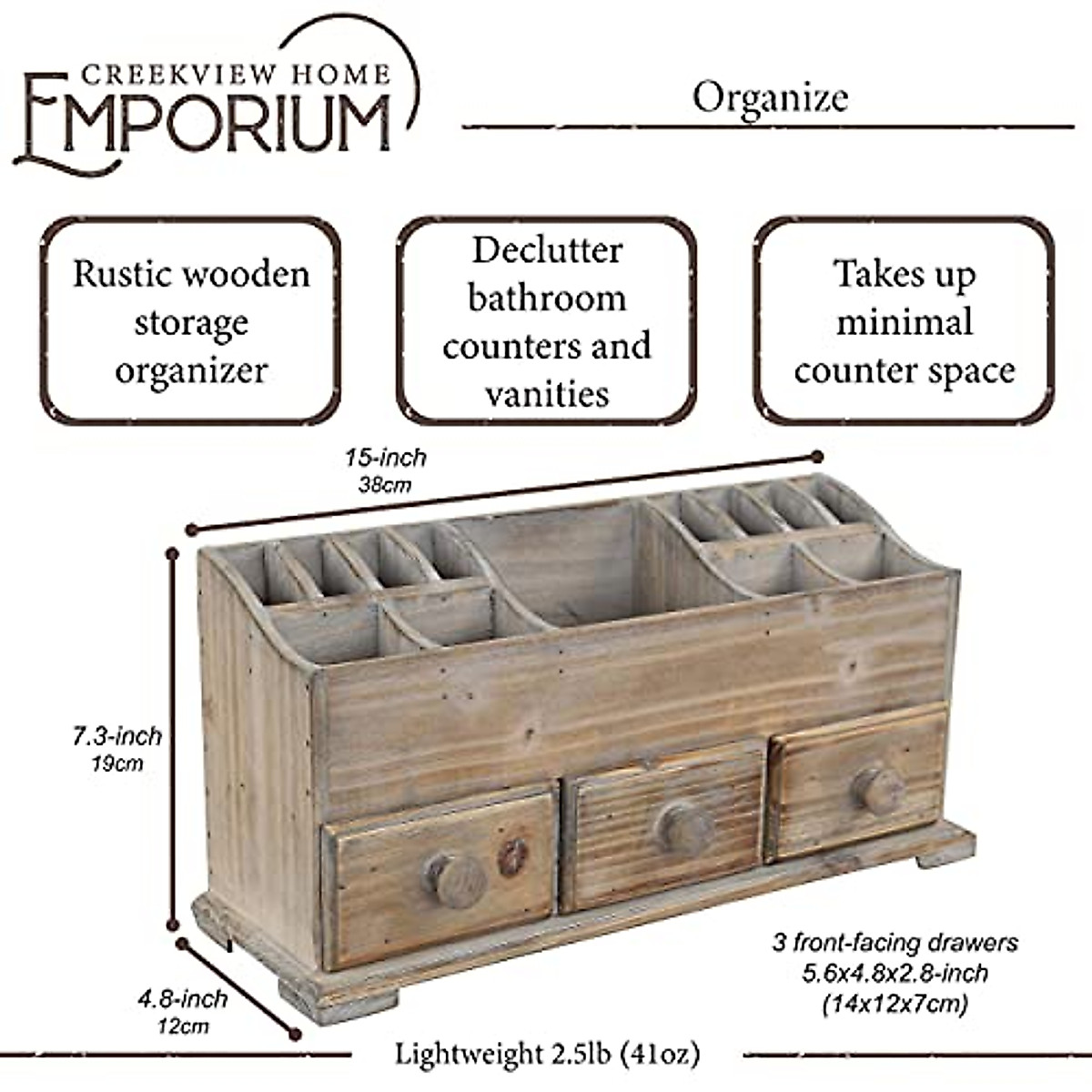Creekview Home Emporium Wooden Cosmetic Storage - 3 Drawer Rustic Makeup Organizer for Beauty Products, Brushes, Jewelry