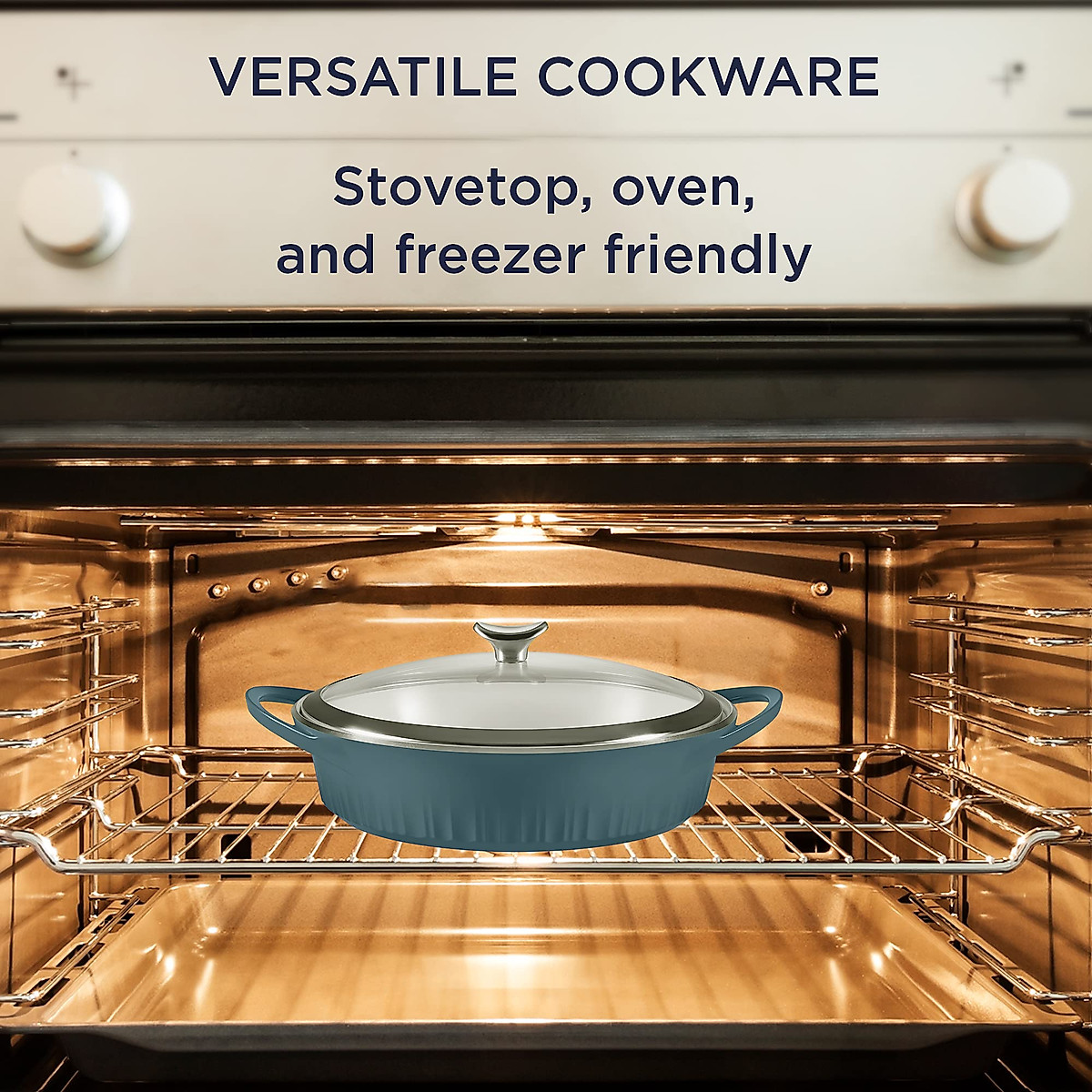CorningWare, Non-Stick 4 Quart QuickHeat Braiser with Lid, Lightweight, Ceramic Non-Stick Interior Coating for Even Heat Cooking, Perfect for Baking, Frying, Searing and More, French Navy