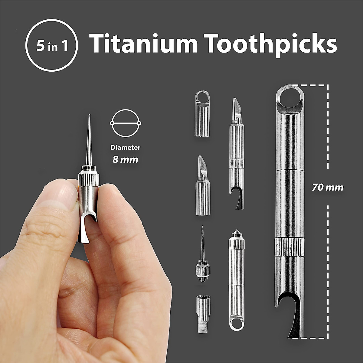 Titanium Toothpick with Holder, 100% Titanium Alloy Keychain Toothpick,Titanium EDC toothpick Tools 5-in-1, Bottle Opener, Box Opener, Mini Cutter, Car Window Breaker, Titanium Gifts for Men and Women