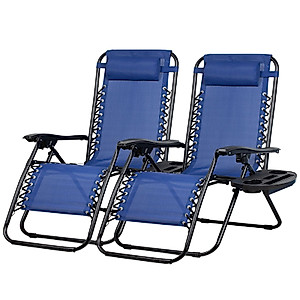 Nazhura Set of 2 Relaxing Recliners Patio Chairs Adjustable Steel Mesh Zero Gravity Lounge Chair Recliners with Pillow and Cup Holder (Blue)