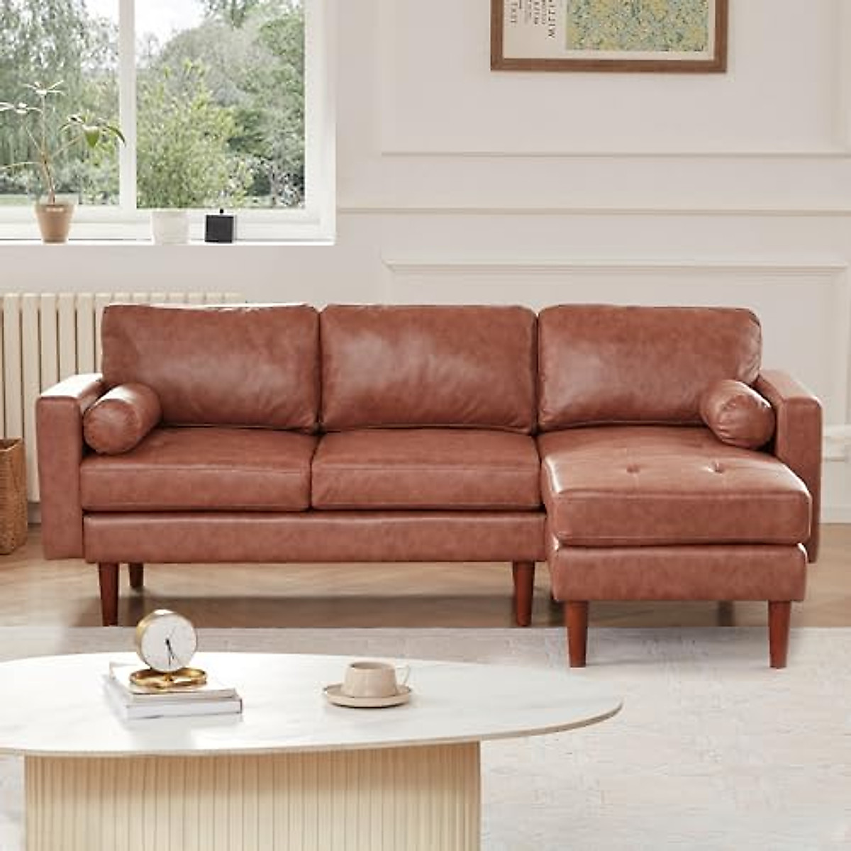 Tbfit 80" W Sectional Sofa Couch, L Shaped Couch with Reversible Chaise, Mid Century Modern Couches for Living Room Apartment Small Space, Convertible Sofa with Tufted Seat Cushion, Brown