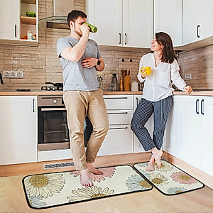 BOENLE Blooming Daisy Kitchen Rugs and Mats Non Skid Washable Kitchen Rug Set 2 Piece Carpet Ergonomic Comfort Standing Mat for Kitchen,Bathroom, Laundry