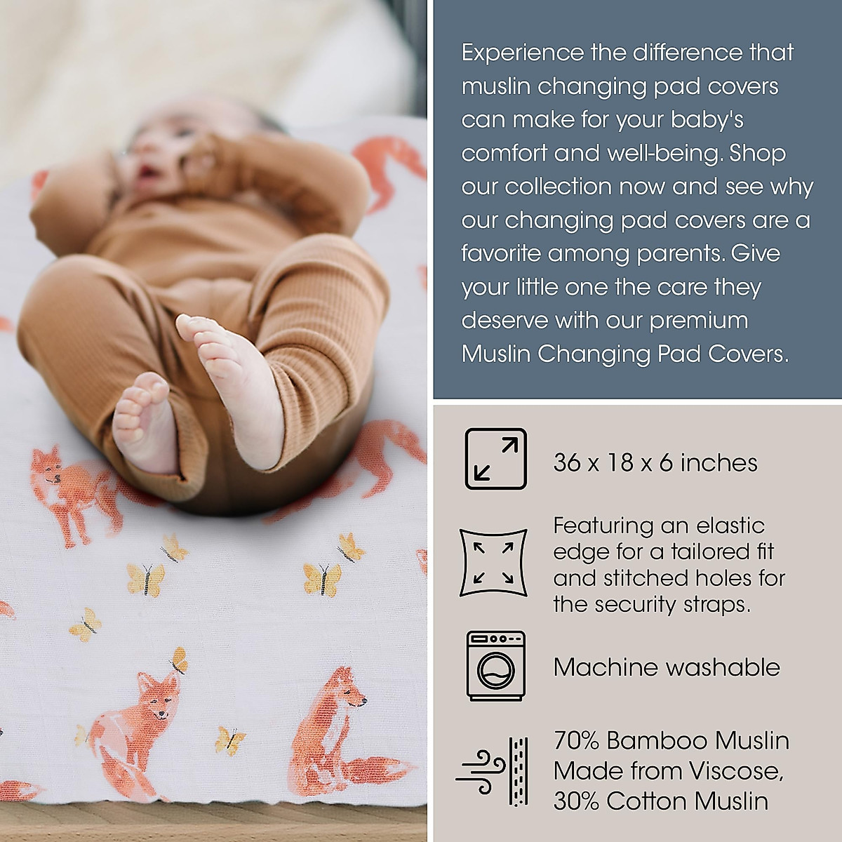 Bebe au Lait Oh-So-Soft Muslin Changing Pad Cover - Elasticized Fit, Safety Strap Holes, 2-Layer Muslin Blend, Fits Standard Baby Changing Pad up to 36" X 18" X 6"- One Size, Royal Garden