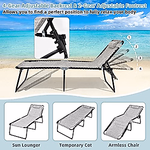 Giantex Patio Lounge Chair Folding Tanning Chair, Sunbathing Chaise Lounge W/Removable Headrest, 4-Gear Backrest, 2-Position Adjustable Anti-Skid Foot-Pads, Portable Camping Beach Chair (1, Gray)