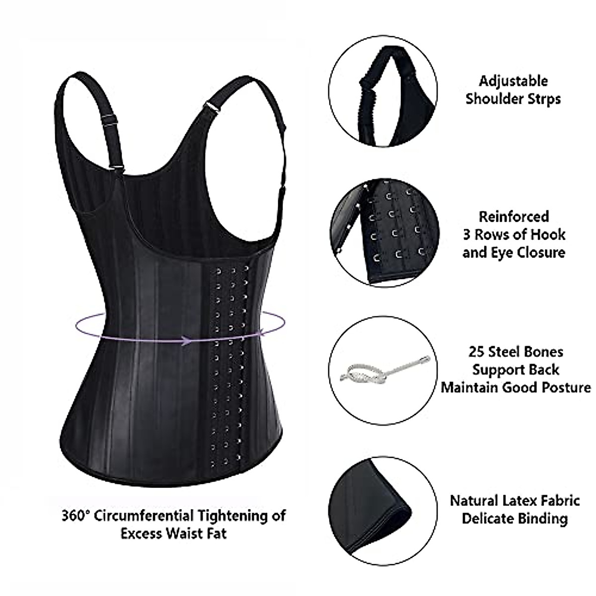 LARTIGUE Latex Waist Trainer for Women Underbust Sport Workout Corset Girdle Shapewear Hourglass Body Shaper (Black Vest-M)