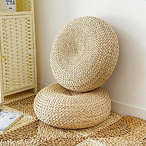 Knitted Straw Flat Seat Cushion, 15.7inch Round Pouf Tatami Cushion Floor