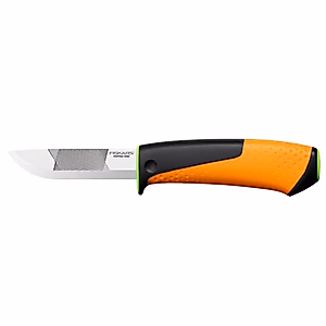 Fiskars Knife including Holster with Integrated Knife Sharpener, Total length: 21.9 cm, Black/orange/green, 1023619, Standard