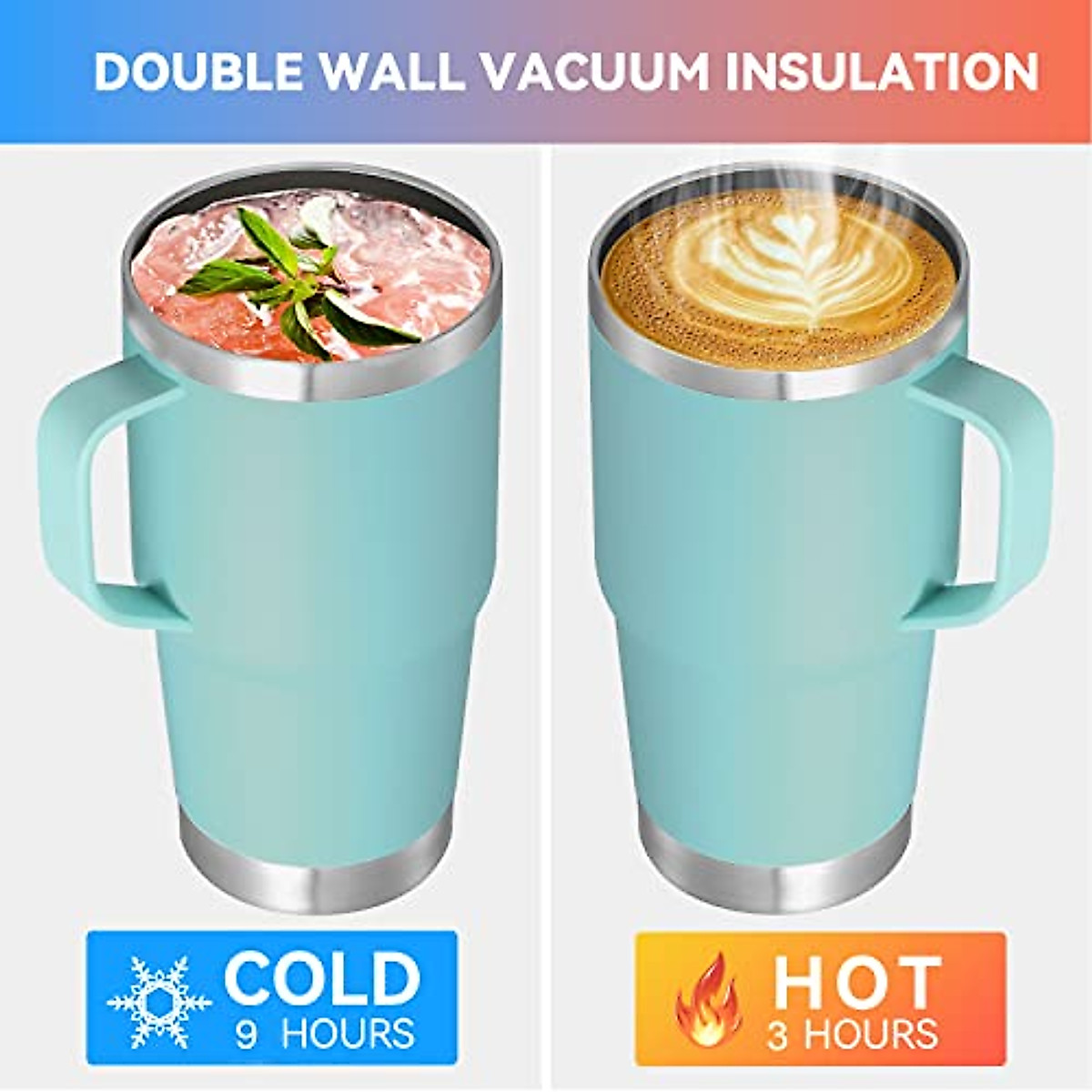 VEGOND 20 oz Tumbler with Handle Lid and Straw, Stainless Steel Insulated Travel Coffee Mug Spill Proof Double Wall Metal Tumbler Cup Keeps Drink Hot and Cold, Mint Green 1 Pack