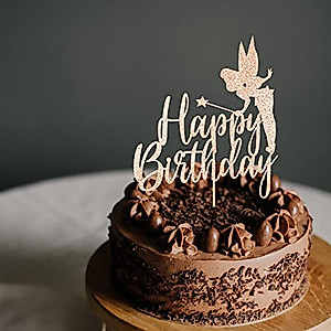 Tinker Bell Happy Birthday Cake Topper, Fairy Tinkerbell Disney Princess Girls Birthday Party Cake Decorations, Rose Gold Glitter