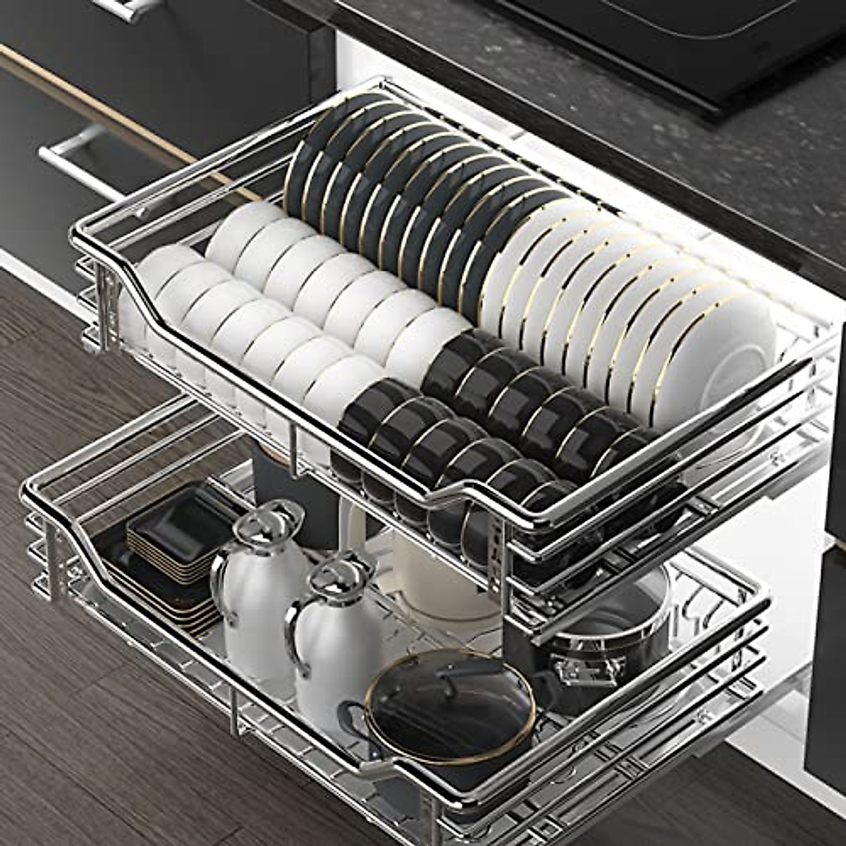 2 Tier Cabinet Pull Out Shelves 304 Stainless Steel Wire Basket Sliding Drawer for Cabinet Storage Shelves Heavy Duty Slide Out Pan Lid Cookware Organizer for Kitchen Cupboard Pantry (74(W)*46(D)*14(