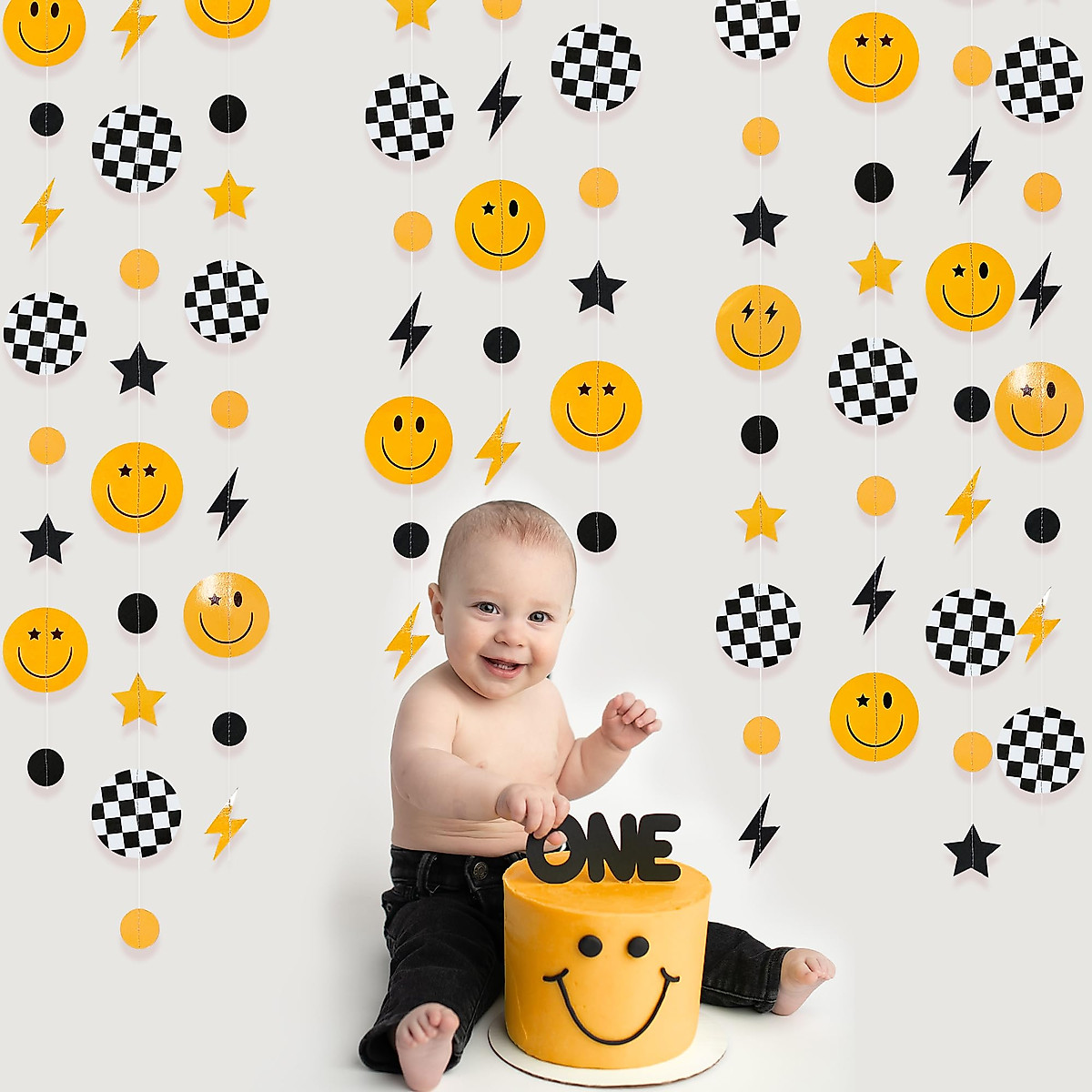 One Happy Dude 1st Birthday Decorations Black Yellow Smile Face Lightning Star Checkered Circle Dot Smiley Face Garland Streamer for Baby Shower First Birthday Wedding Hippie Party Decoration Supplies