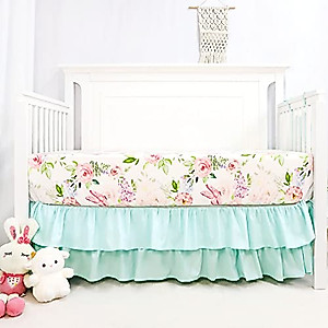 CARUILI 4-Piece Crib Bedding Set, Baby Girl Crib Bedding Set Butterflies Floral Nursery Bedding Set Includes Comforter, Fitted Crib Sheet, Crib Skirt, and Diaper Stacker, Green & Pink