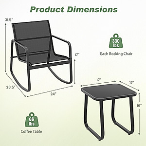 HAPPYGRILL 3 Piece Patio Rocking Bistro Set with Glass-Top Table, Rocking Bistro Chairs, Small Patio Furniture Set Outdoor Rocker Chair Conversation Set for Porch, Yard, Balcony