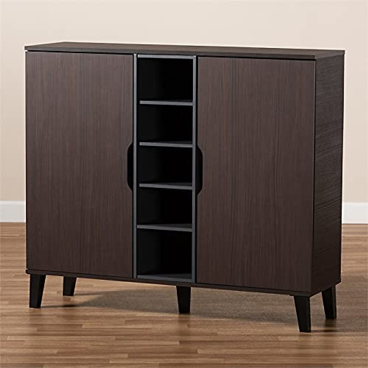 BOWERY HILL Mid-Century Modern Two-Tone Dark Brown and Grey Finished Wood 2-Door Shoe Cabinet