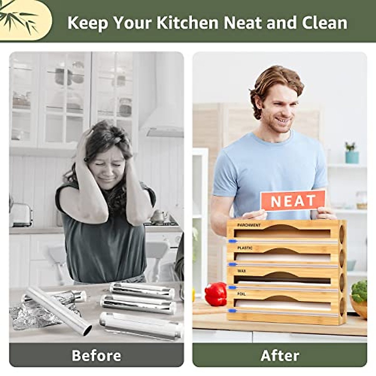 4 in 1 Foil and Plastic Wrap Organizer, WEIFA Wrap Dispenser with Cutter for Drawer and Kitchen Storage, Holder for 12" Roll Plastic Wrap, Aluminum Foil, Wax, Parchment.