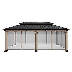 Cedar Wood Gazebo 12x20Ft Hardtop Gazebo Solid Cedar Wood Framed Gazebo Canopy Outdoor Fir Wood Galvanized Steel Double Roof Pavilion Heavy Duty for Patio Lawn Garden with Netting
