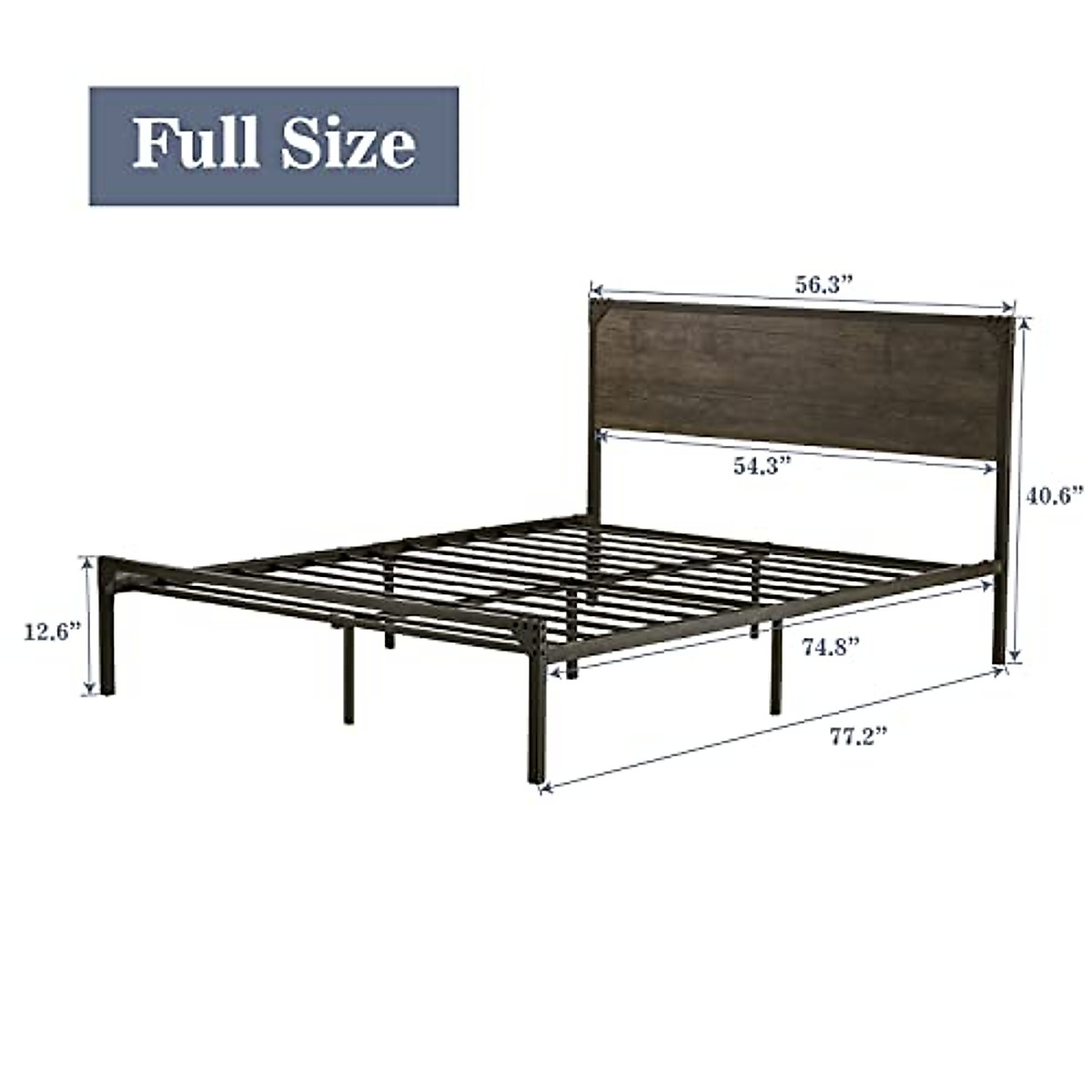Allewie Full Size Bed Frame with Wood Headboard, Metal Platform Frame with Strong Slats and Rivet Decoration, Easy Assembly, No Box Spring Needed, Noise Free, Brown