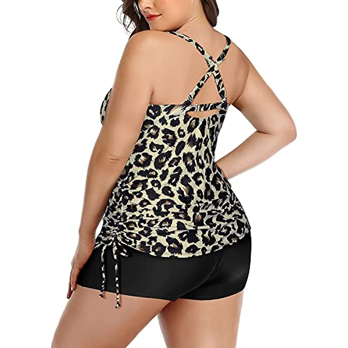 Aqua Eve Women Two Piece Plus Size Swimsuit High Neck Tankini Set Tummy Control Bathing Suit with Shorts Leopard 18W