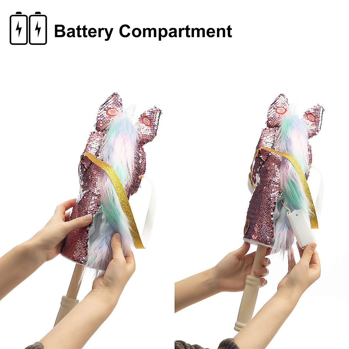 HollyHOME Sequin Unicorn Stick Horse Handcrafted Hobby Horse on a Stick with Wood Wheels Real Pony Neighing and Galloping Sounds Plush Unicorn Toy Pink 36 Inches(AA Batteries Required)