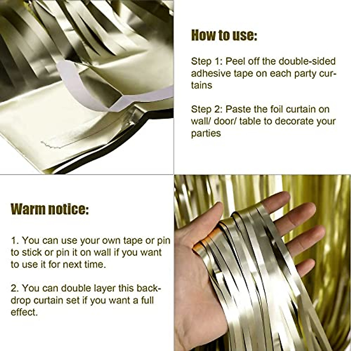 HalloweenDecorate 4 Pack Light Gold Foil Fringe Curtain Backdrop, 3.28Ft x 9.84Ft Metallic Tinsel Streamers Curtains for Party, Photo Booth Props, Birthday, 2022 Graduation Decoration Supplies