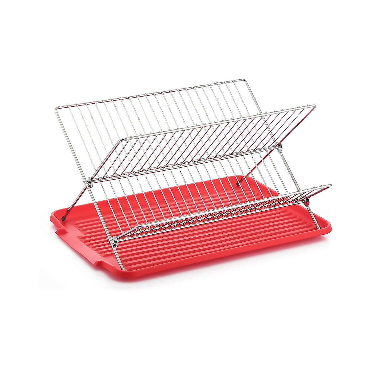 J&V TEXTILES Foldable Dish Drying Rack with Drainboard, Stainless Steel 2 Tier Dish Drainer Rack, Collapsible Dish Drainer, Folding Dish Rack for Kitchen Sink, Countertop, Cutlery, Plates (Red)