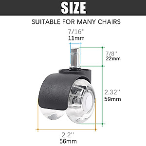 Office Chair Casters Wheels Replacement 2 Inch Heavy Duty Silent Rubber Chair Casters with Standard Stem 7/16″* 7/8″(11mm*22mm) Suitable for Hardwood Floors and Carpet,Set of 5-Universal fit