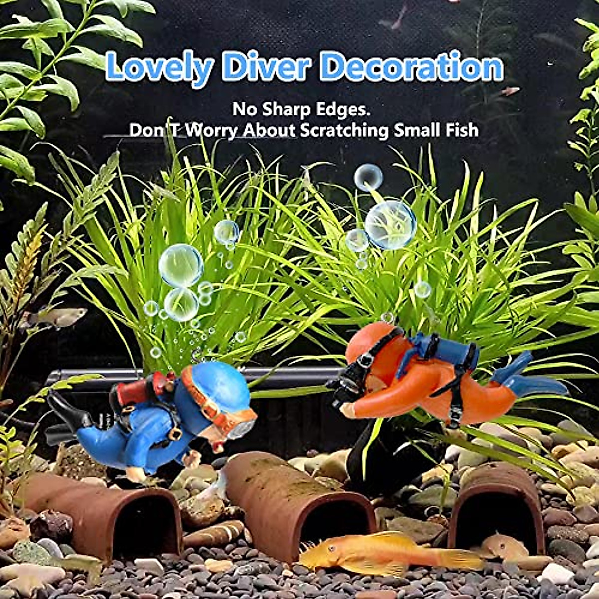 JOBEDE 2 Pack Diver Fish Tank Decoration, Floating Device Aquarium Accessories, Lovely Resin Diver Holding Camera for Aerating Aquarium Fish Tank Ornament (Blue and Orange)