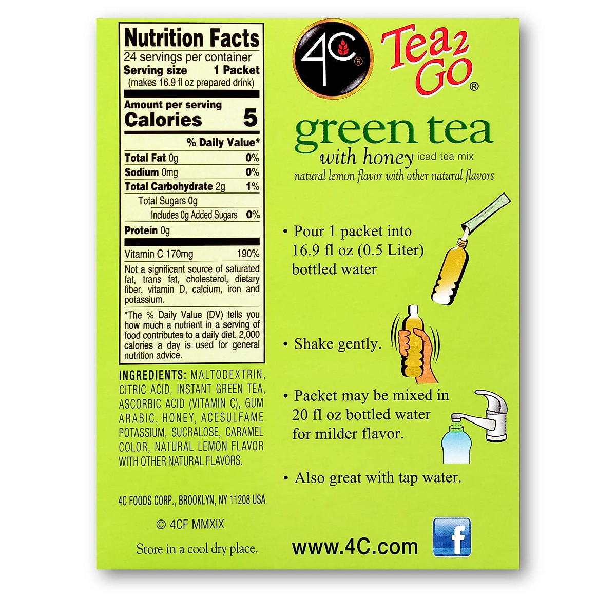 4C Powder Drink Mix Packets, Green Tea 1 Pack, 24 Count, Singles Stix On the Go, Refreshing Sugar Free Water Flavorings